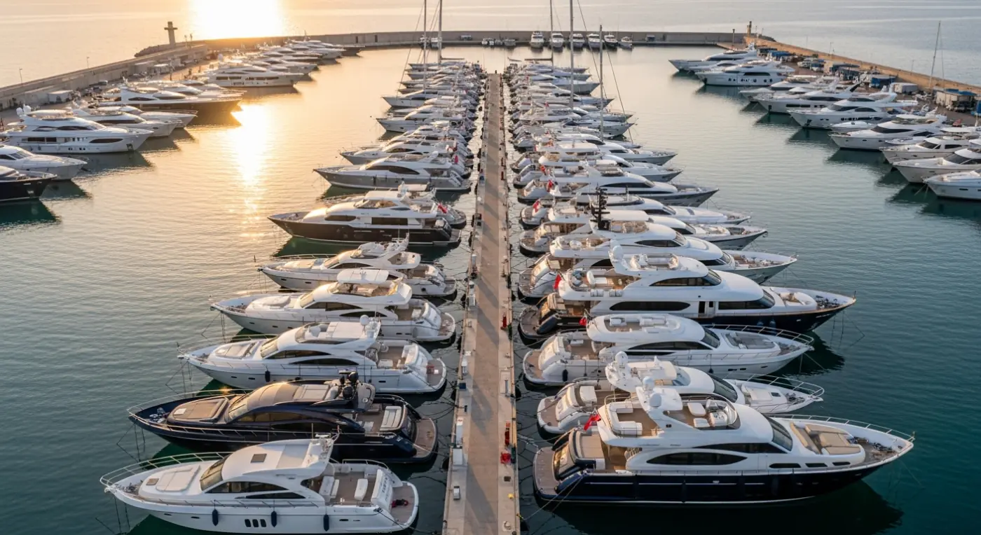 Aerial view of a long marina pontoon with luxury yachts neatly aligned ...